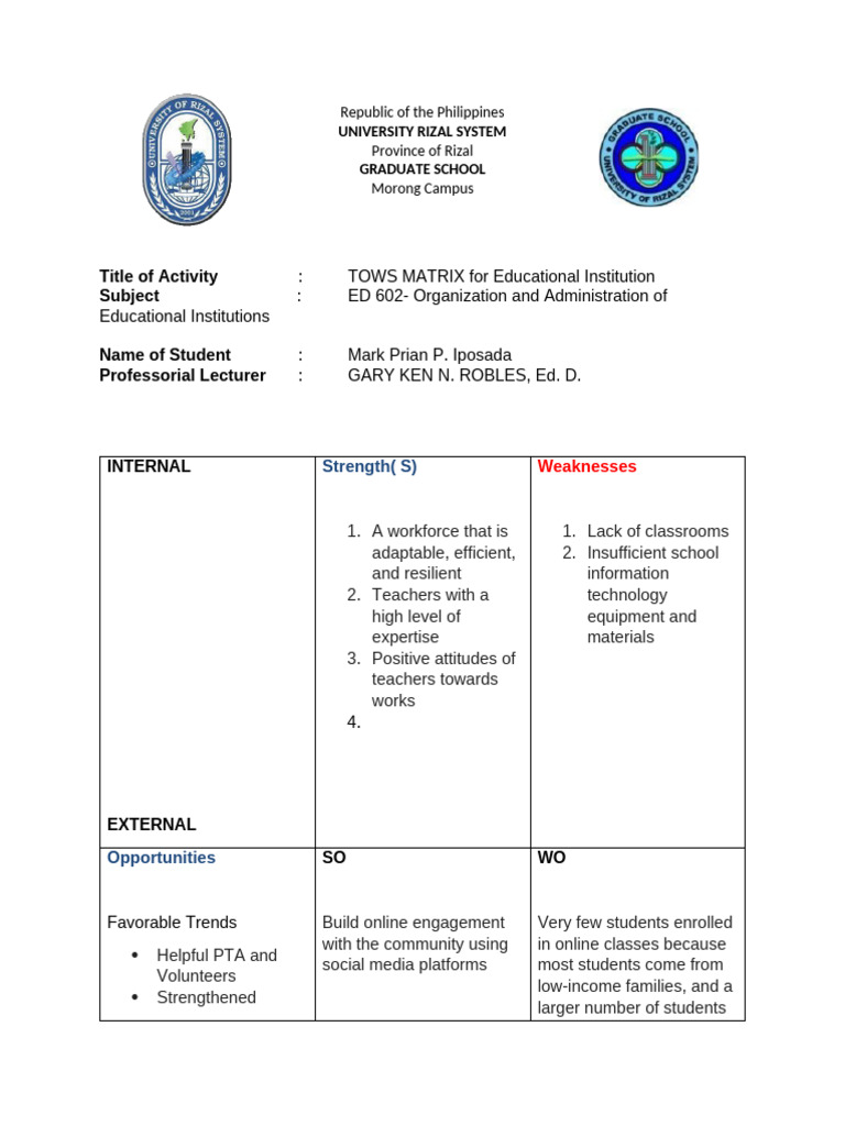 SWOT - TOWS-MATRIX | PDF | Swot Analysis | Learning
