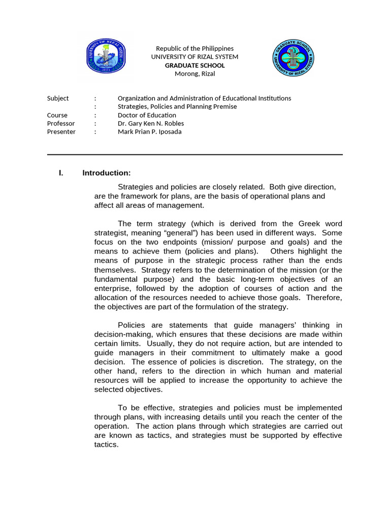 Strategies, Policies and Planning Premise | PDF | Goal | Swot Analysis