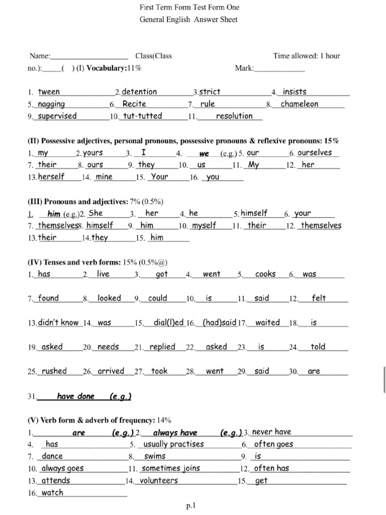 First Term Form Test S1 General English Ans | PDF