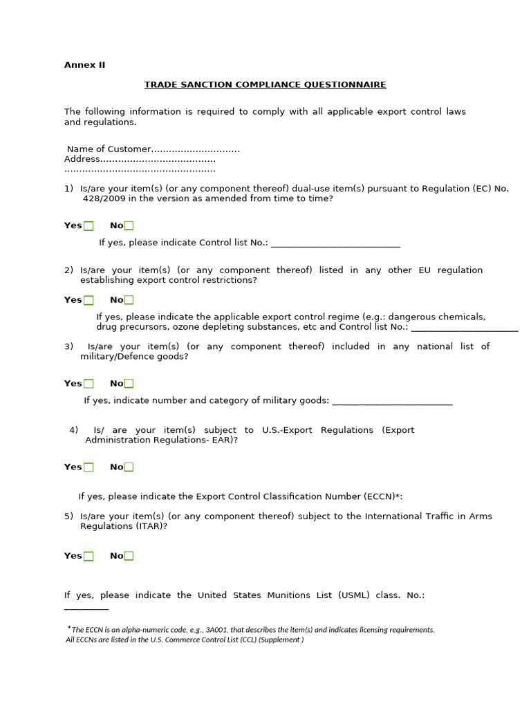 Annexure II Trade Sanctions Compliance Questionnaire | PDF