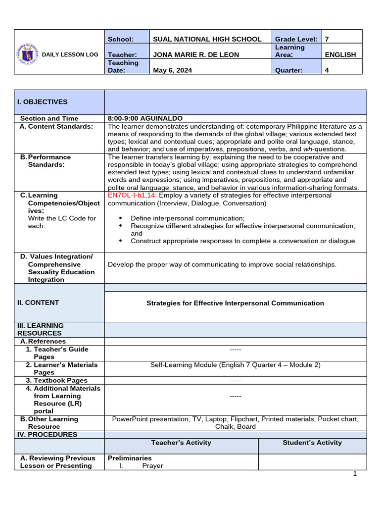 Detailed Lesson Plan Final | PDF | Nonverbal Communication | Communication
