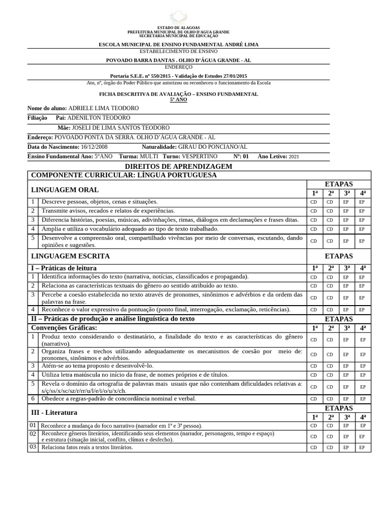 01-Ficha Descritiva 5º Ano B - Adriele Lima | PDF | Aprendizado | Paisagem