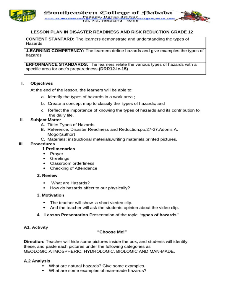 Lesson Plan in Disaster and Risk Reduction Management Grade 12 | PDF ...