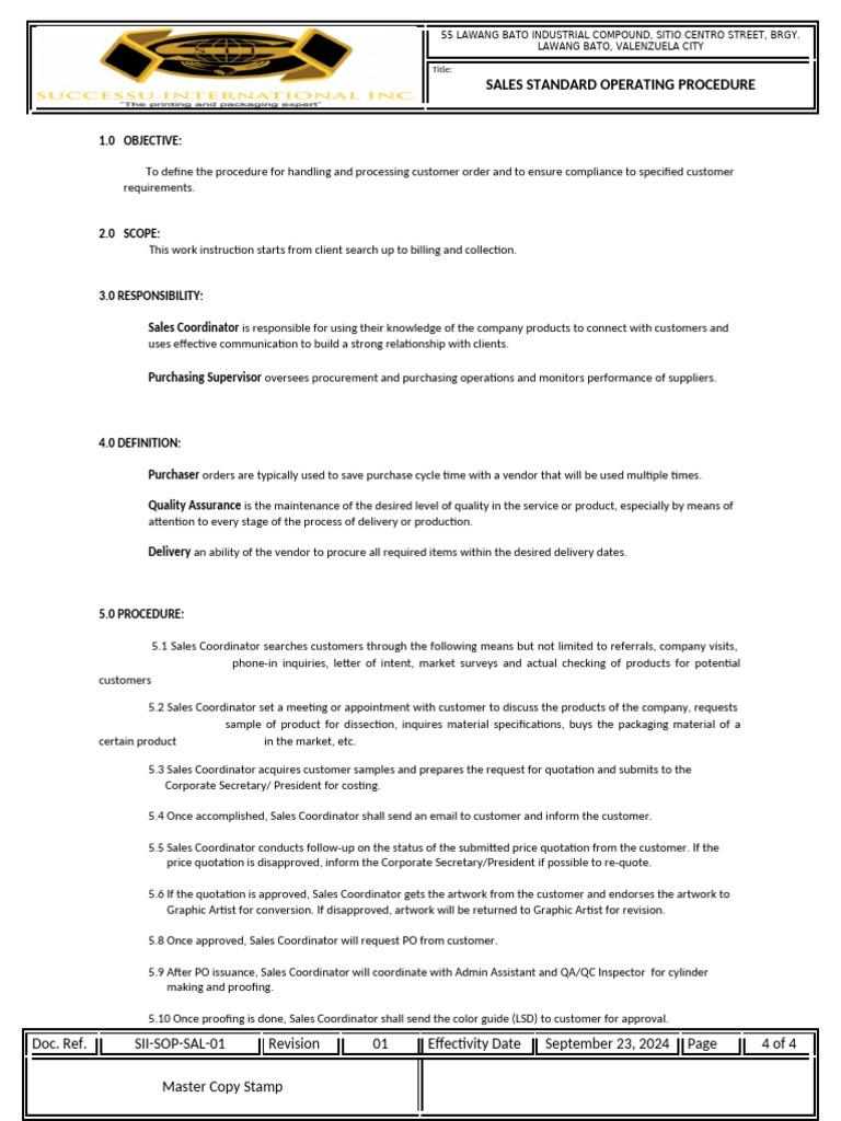 01 Sales Standard Operating Procedure | PDF | Customer | Sales