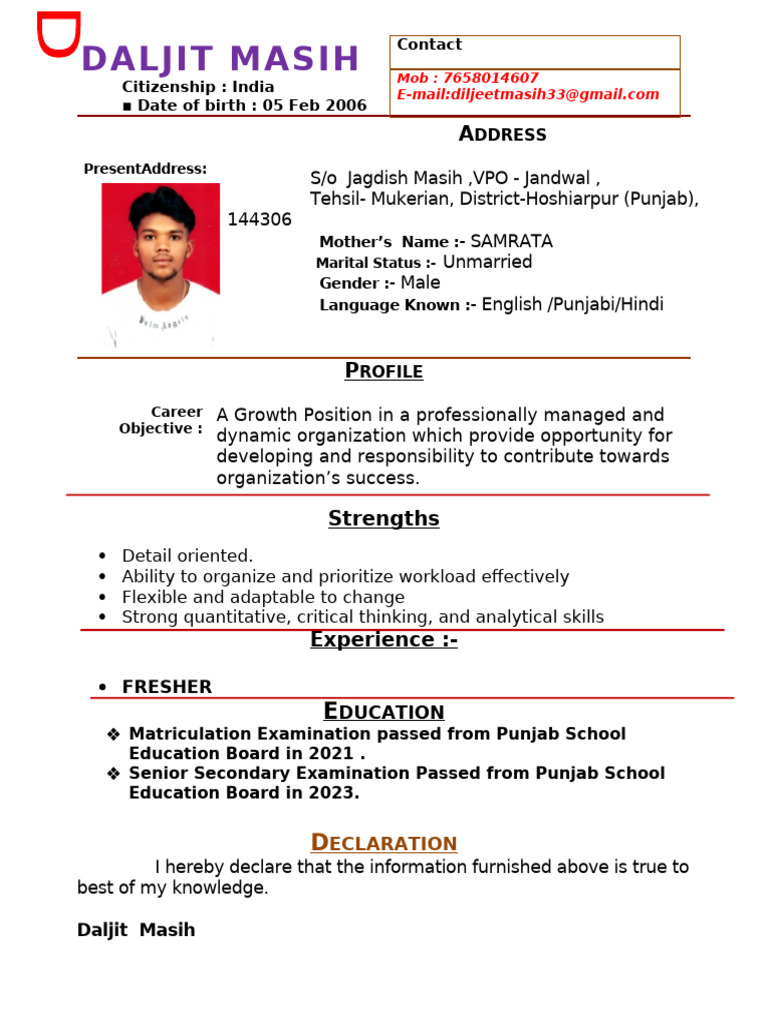 Daljit Masih: Indian Resume Profile | PDF