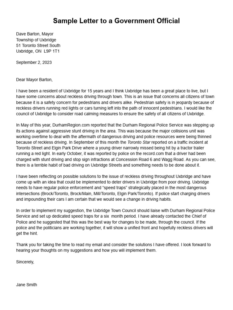 5.1.1 Sample Letter To A Government Official | PDF | Transport | Road ...