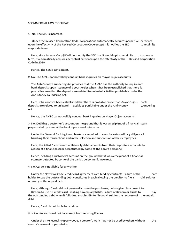 Commercial Law Mock Bar Exam Analysis | PDF | Copyright | Banks