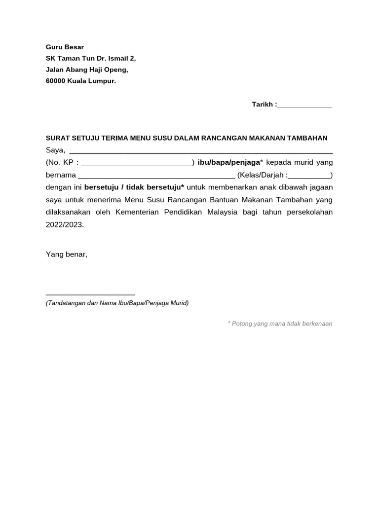 Surat Setuju RMT | PDF