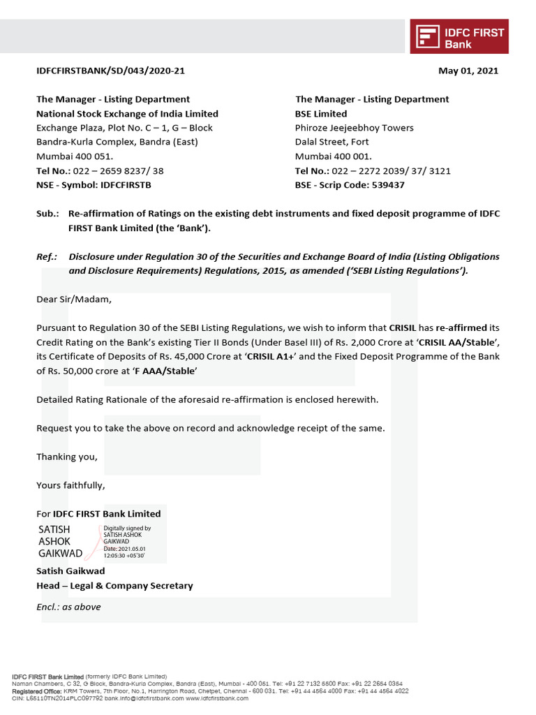IDFCFIRSTB Reaffirmation of Rating | PDF | Banks | Financial Services