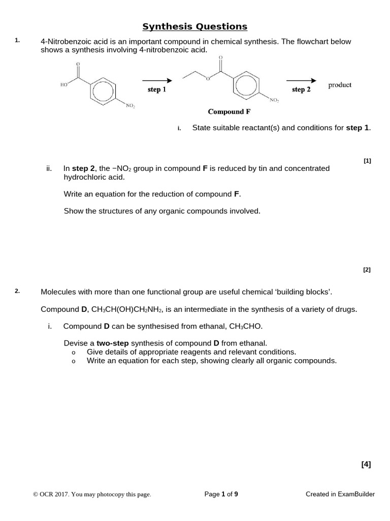 Organic Synthesis Practice Questions | PDF | Chemical Reactions | Acid