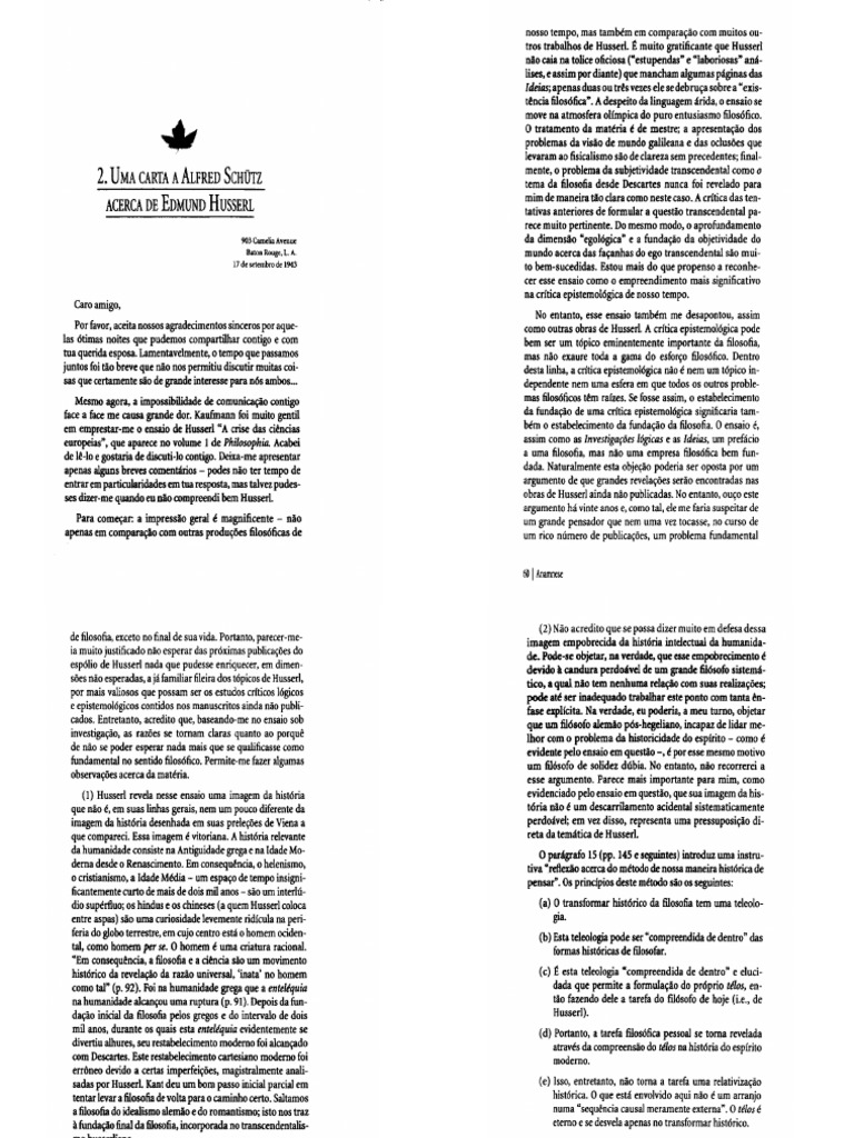 Uma Carta A Alfred Schütz Acerca de Edmund Husserl - Eric Voegelin PDF ...