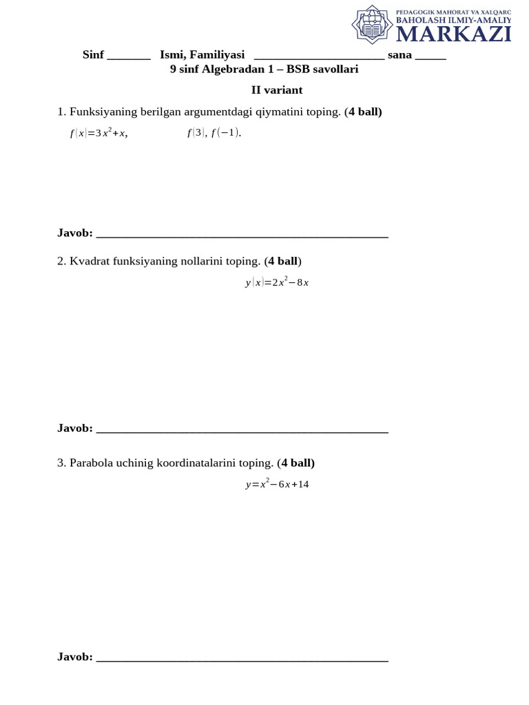 9 Sinf Algebra 1 Chorak 2 Variant BSB @summativ Formativ Baholash | PDF
