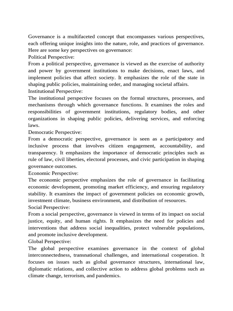 Key Perspectives on Governance Explained | PDF | Governance | Policy