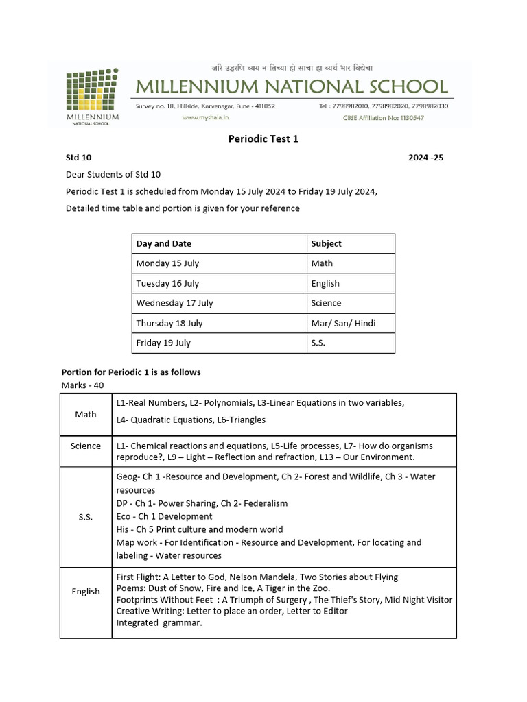 Std 10 Periodic Test 1 Schedule 2024 | PDF | Mathematics | Algebra