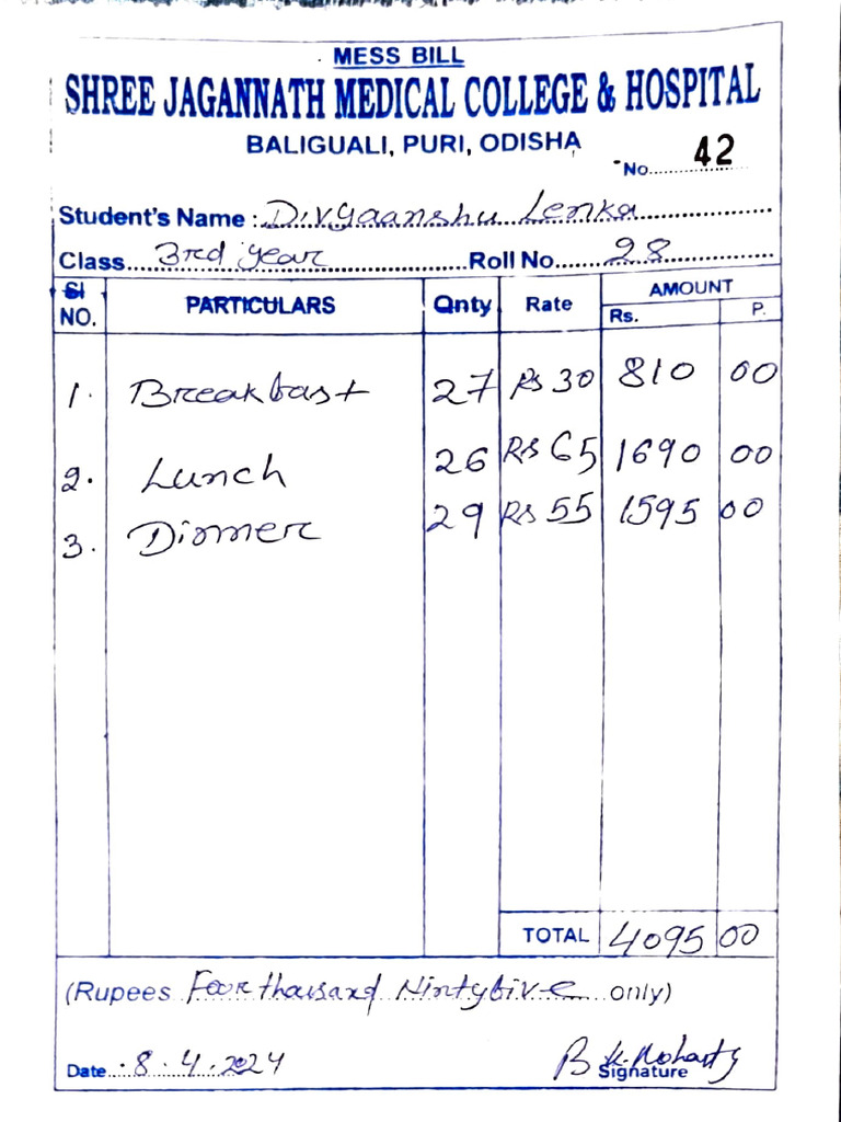 Fee Receipts For Current Academic Year (College Fee-Hostel & Mess ...