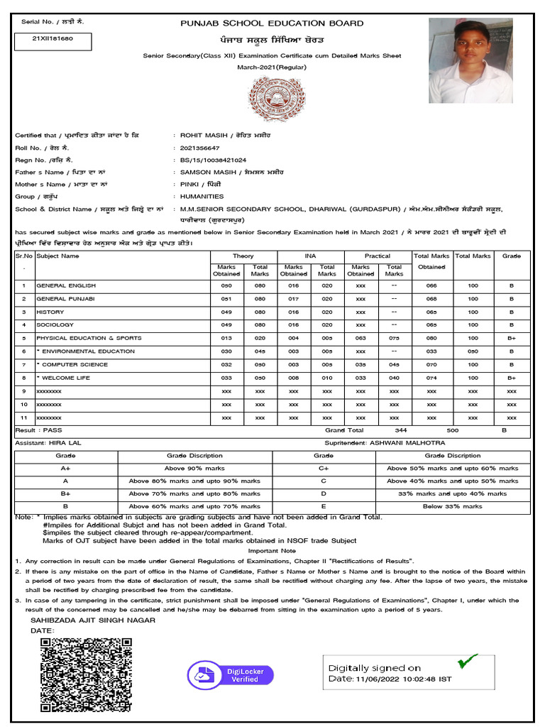 PSEB 12th Certificate Details 2021 | PDF | Educational Stages