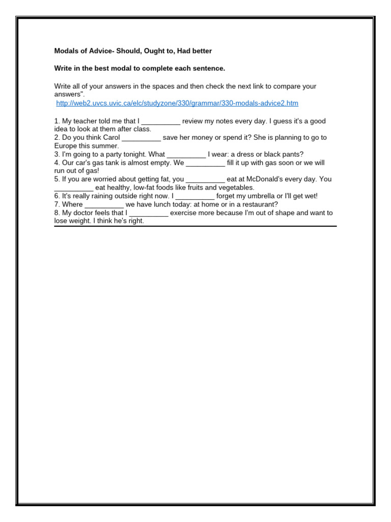 Modals of Advice: Should, Ought to, Better | PDF