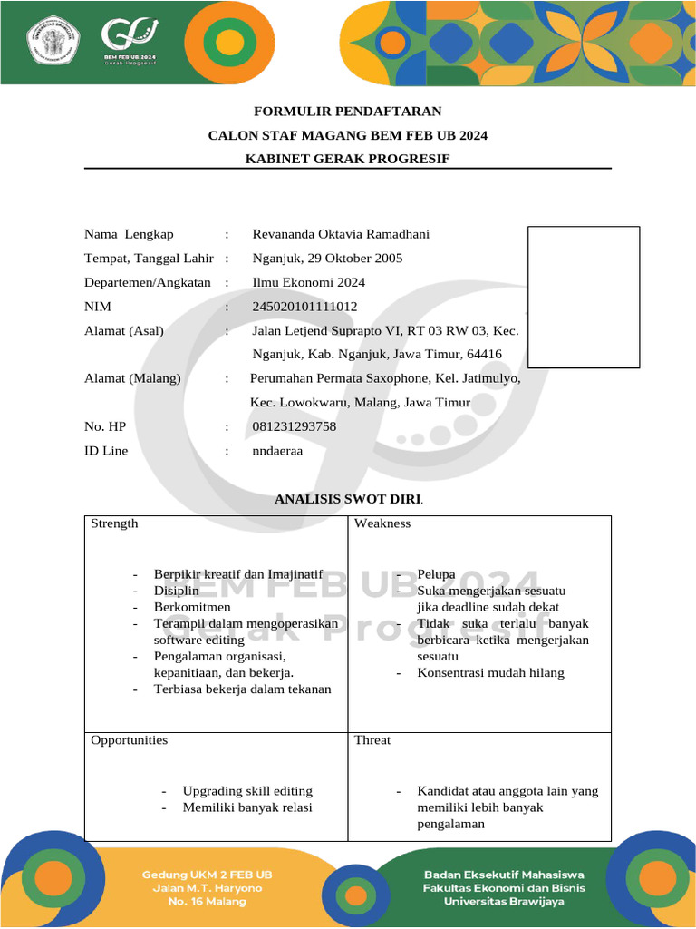 FORMULIR PENDAFTARAN STAF MAGANG BEM FEB UB 2024docx | PDF