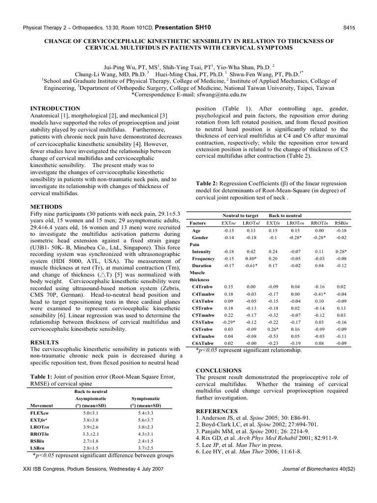 Cervical Multifidus and Kinesthetic Sensibility | PDF | Neck | Clinical ...