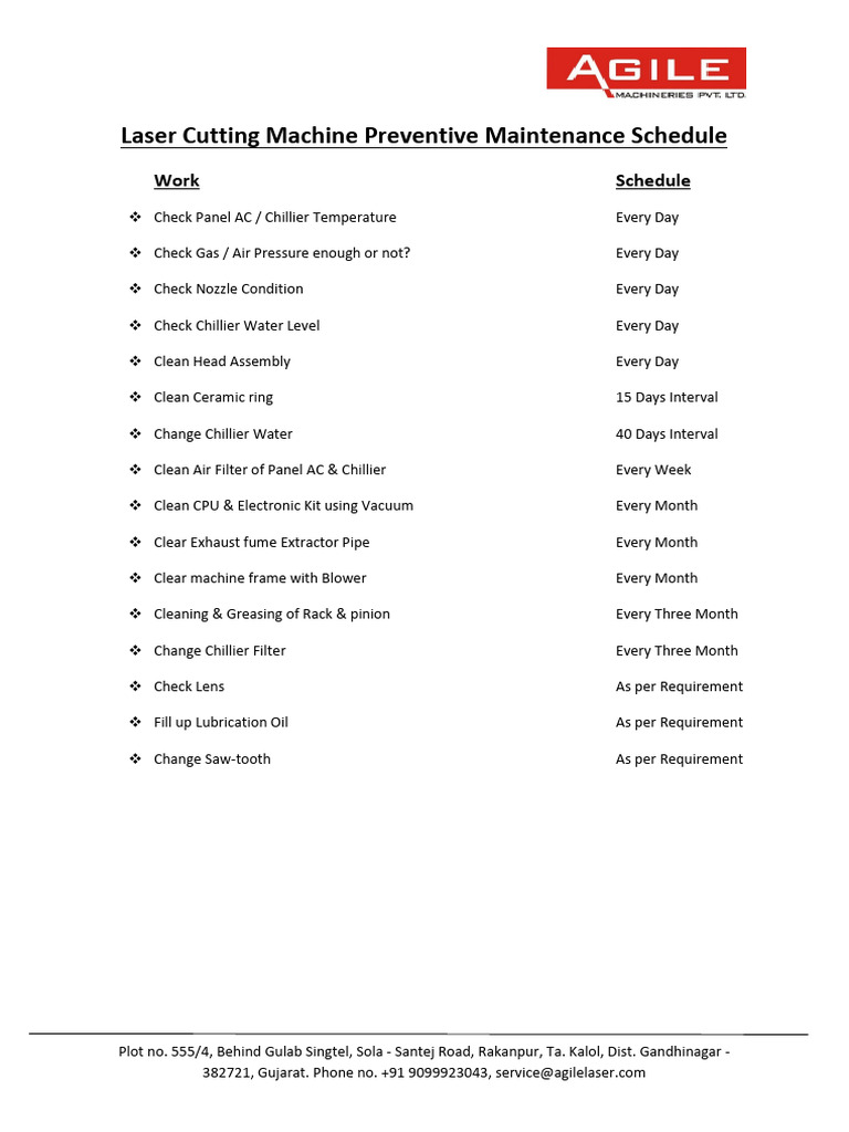 Laser Cutting Machine Maintenance Schedule | PDF