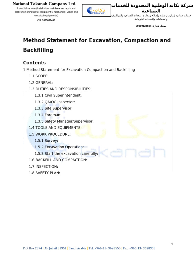 Method Statement For Excavation, Compaction and Backfilling | PDF ...