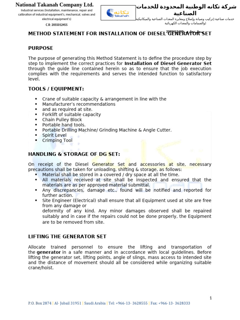 Method Statement For Installation of Diesel Generator Set | PDF | Forklift | Crane (Machine)