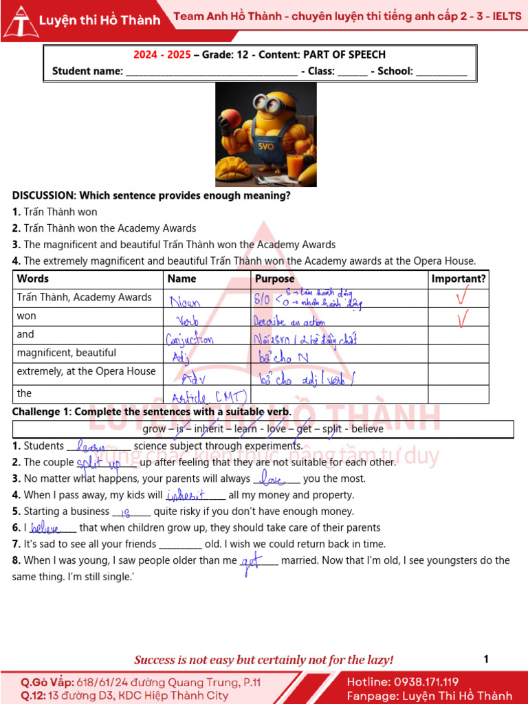 (G12 - Part of Speech) - Handout | PDF | Verb | Part Of Speech
