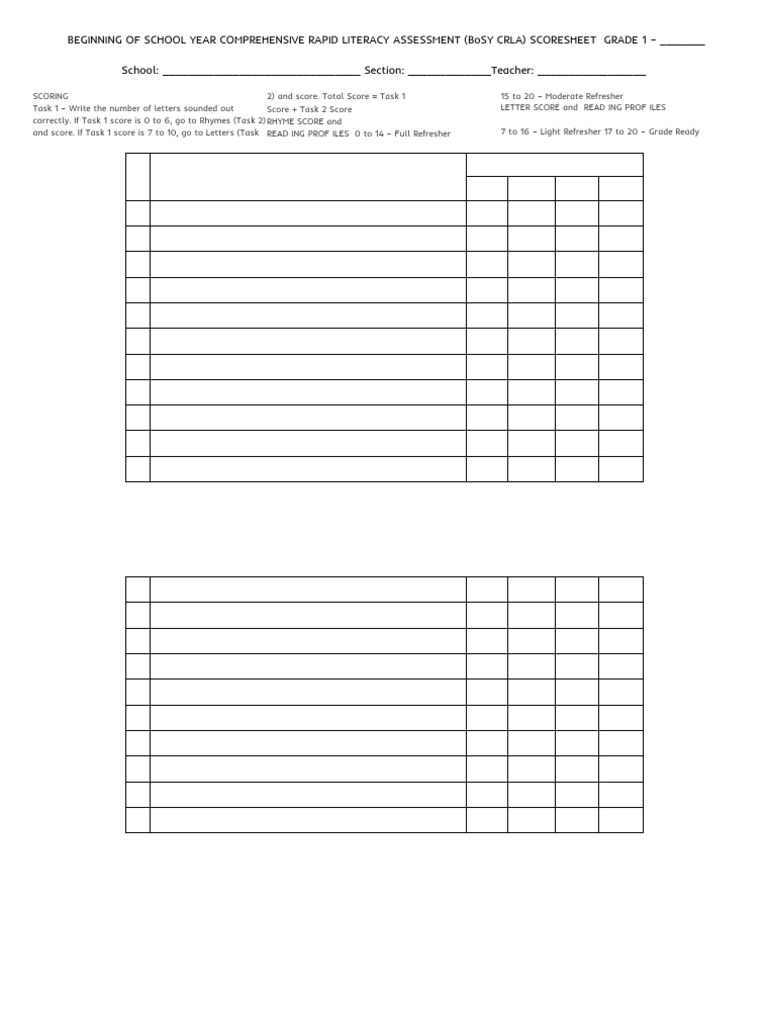 Grade 1 Literacy Assessment Scoresheet | PDF
