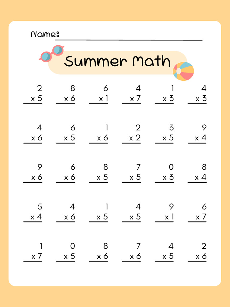 Summer Math Multiplication Worksheet in Yellow and White Simple Style | PDF