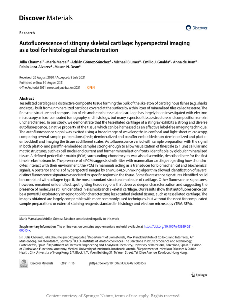 Autofluorescence of Stingray Skeletal Cartilage Hy | PDF | Microscopy ...