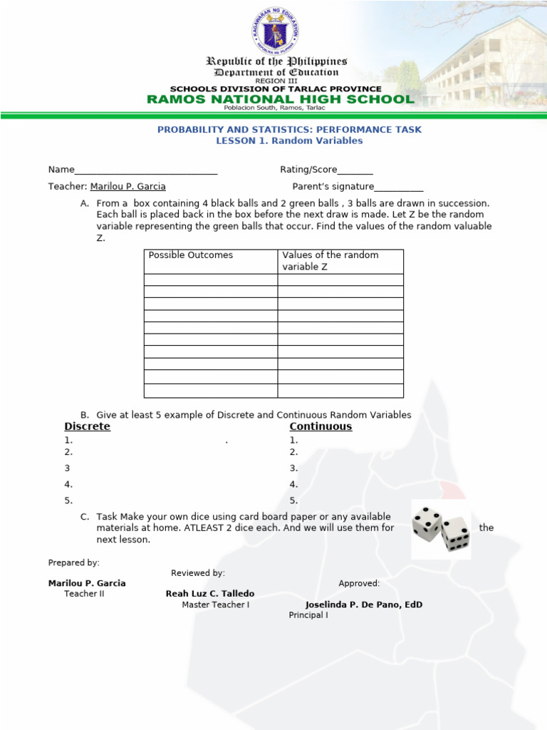 LAS - Performance Task Stat and Probab Lesson 1 | PDF