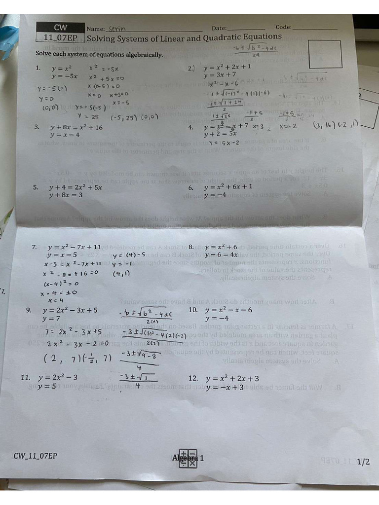 Solving Systems of Linear and Quadratic Equation | PDF