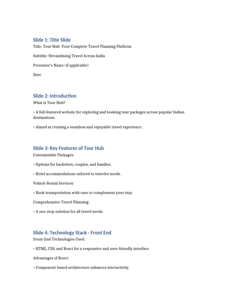 Tour Hub Presentation Outline Slide by Slide | PDF | Computers