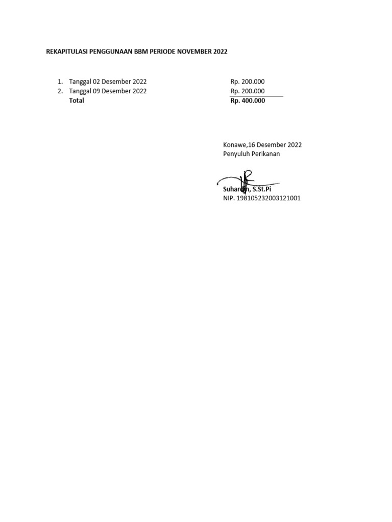 REKAPITULASI DAN NOTA PENGGUNAAN BBM PERIODE Desember 2022 | PDF
