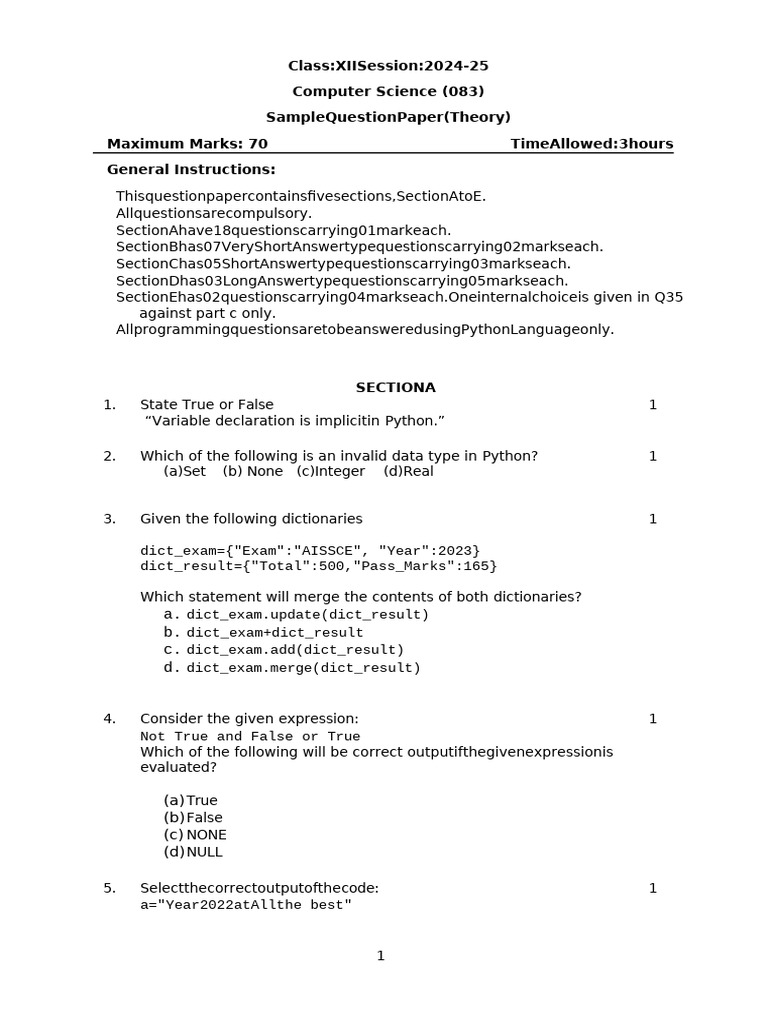 ComputerScience-SQP) 2024 Preboard | PDF | C (Programming Language) | Computing