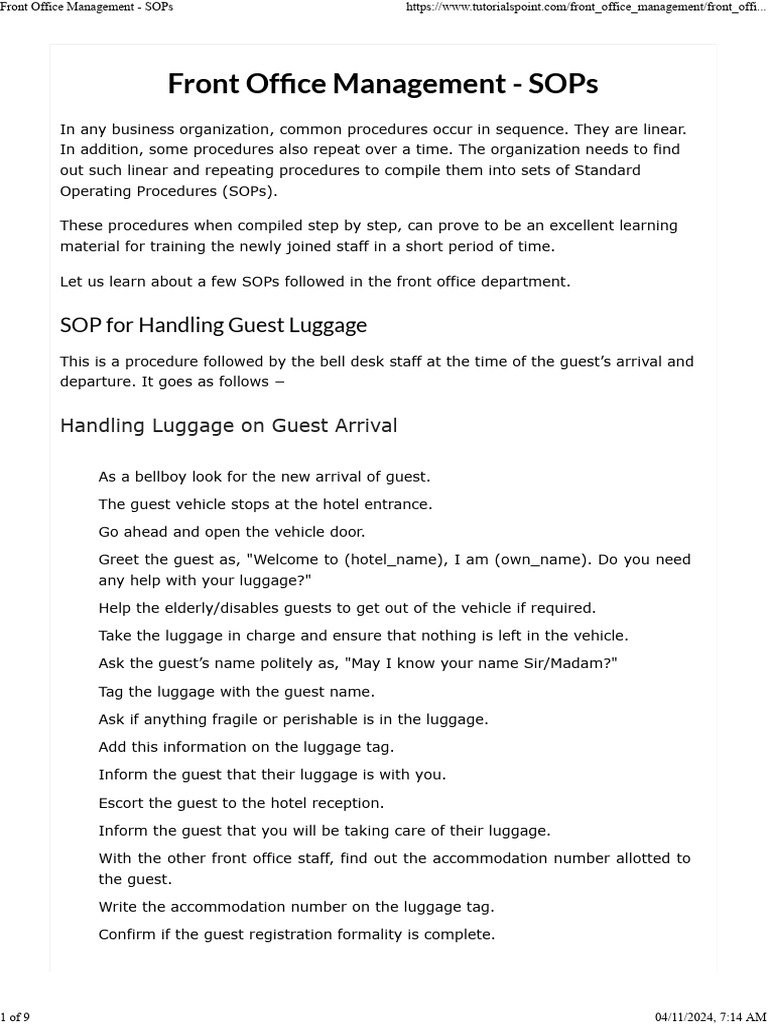 Front Office Management - SOPs | PDF