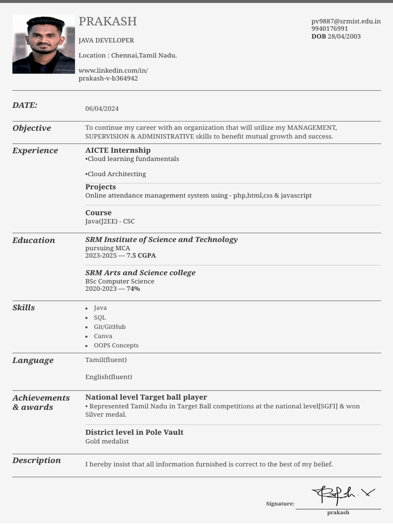 Java Developer Resume - Prakash Chennai | PDF