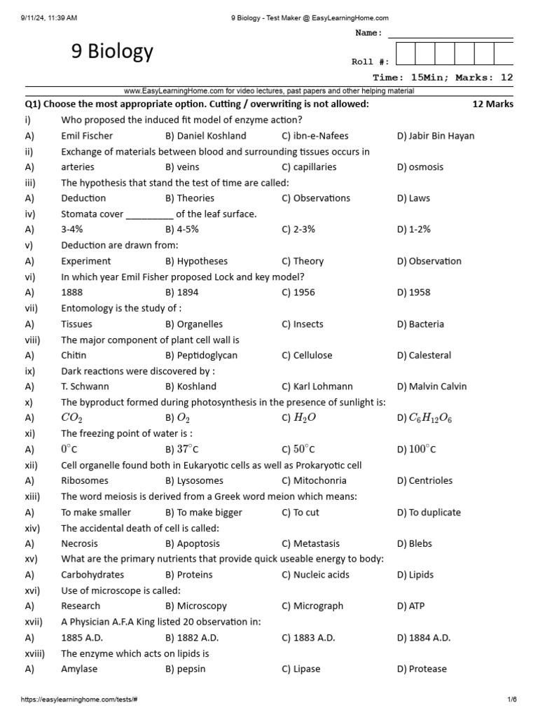 9 Bio Mcqs Full Book | PDF | Meiosis | Cell (Biology)