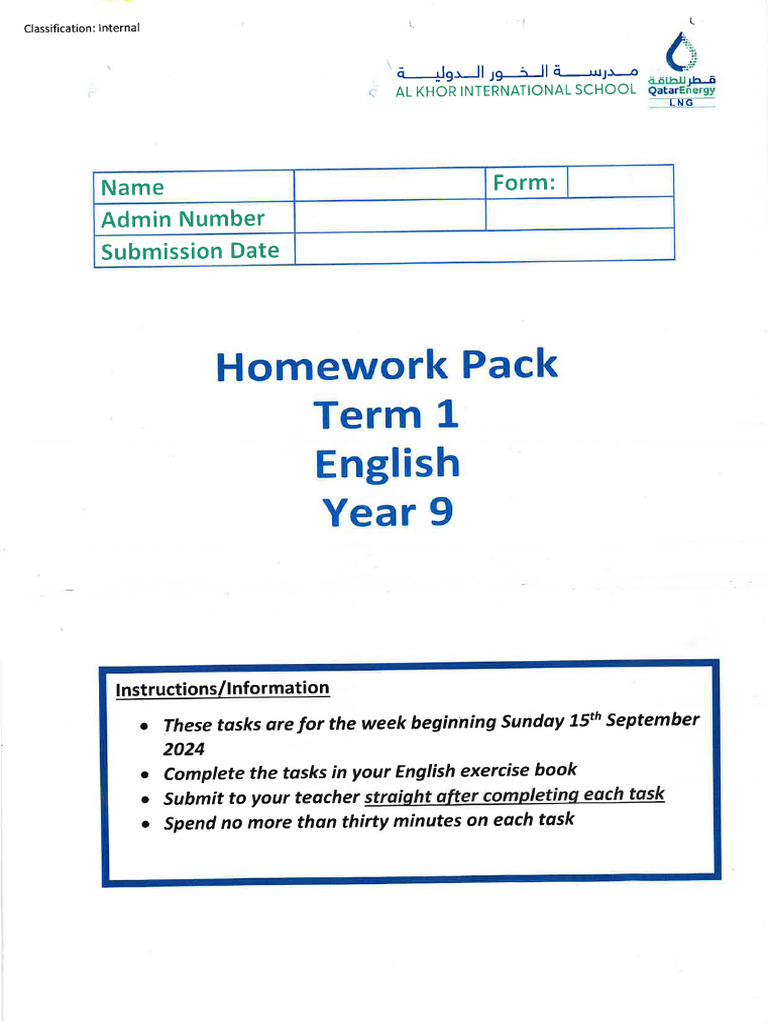 Year 9 English Homework Pack Term 1 2024-25 | PDF