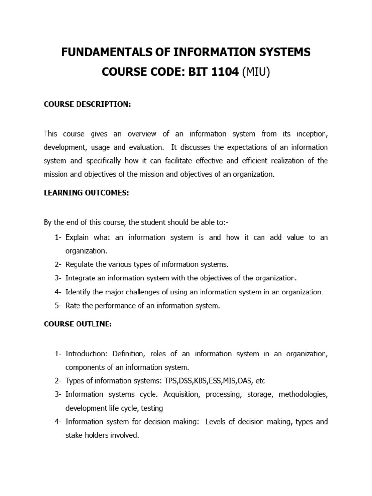 Information Systems Course Outline Pdf