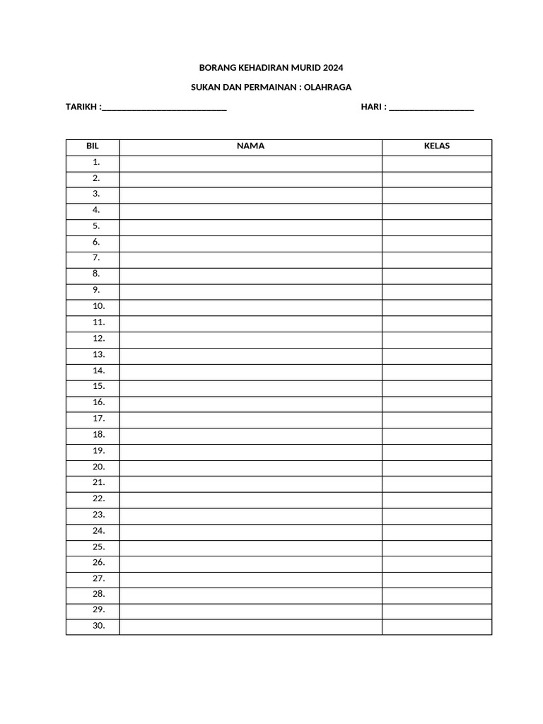 Borang Kehadiran Murid 2024 | PDF
