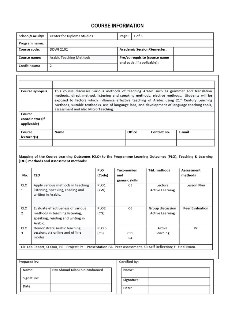DDWI 2142 - Arabic Teaching Methods | PDF | Course Credit | Language Education