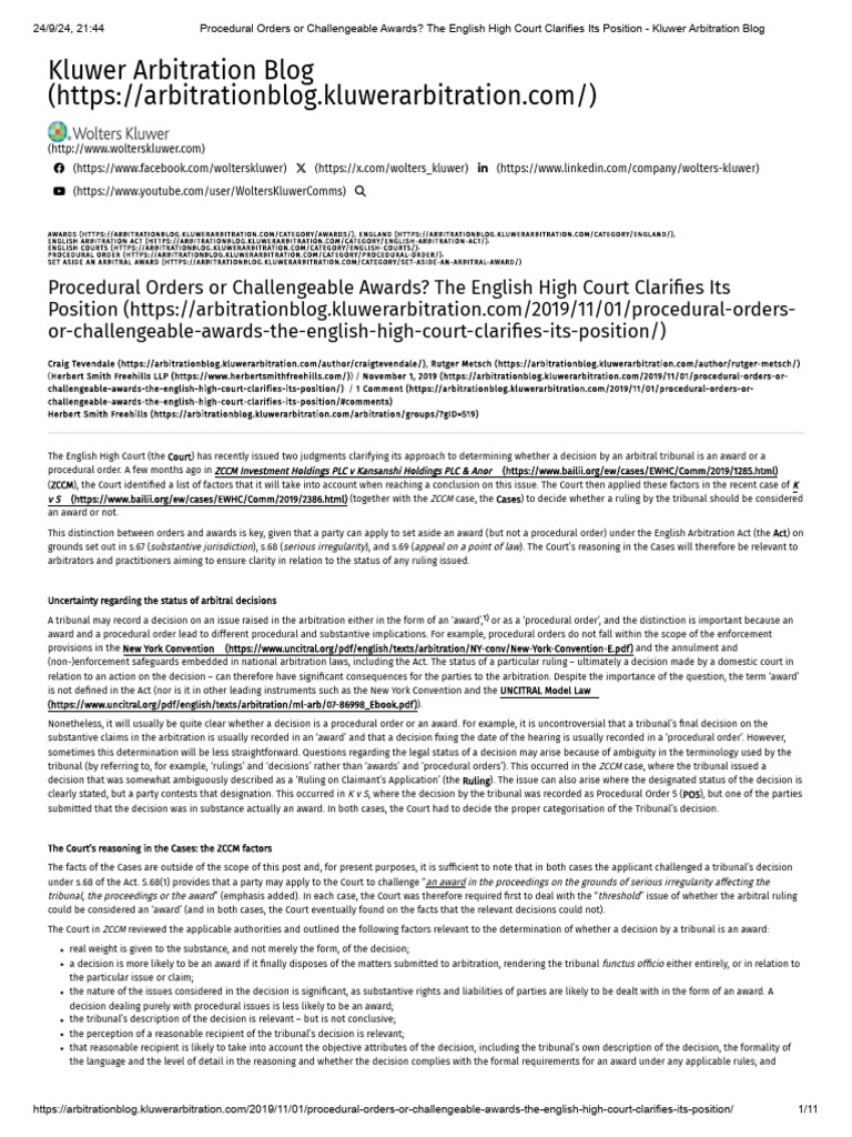 Procedural Orders or Challengeable Awards - The English High Court ...