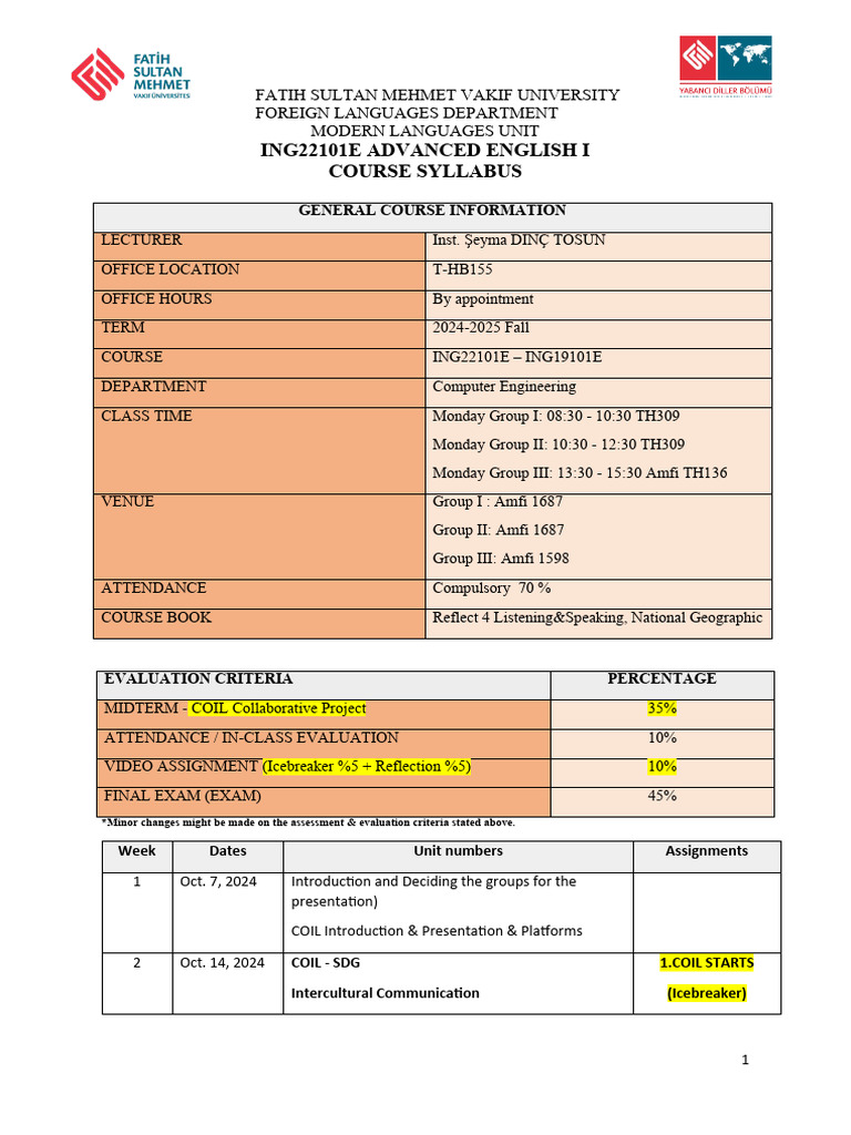 2024-2025 Fall Reflect 4 Computer Engineering Syllabus (COIL PROJECT) | PDF