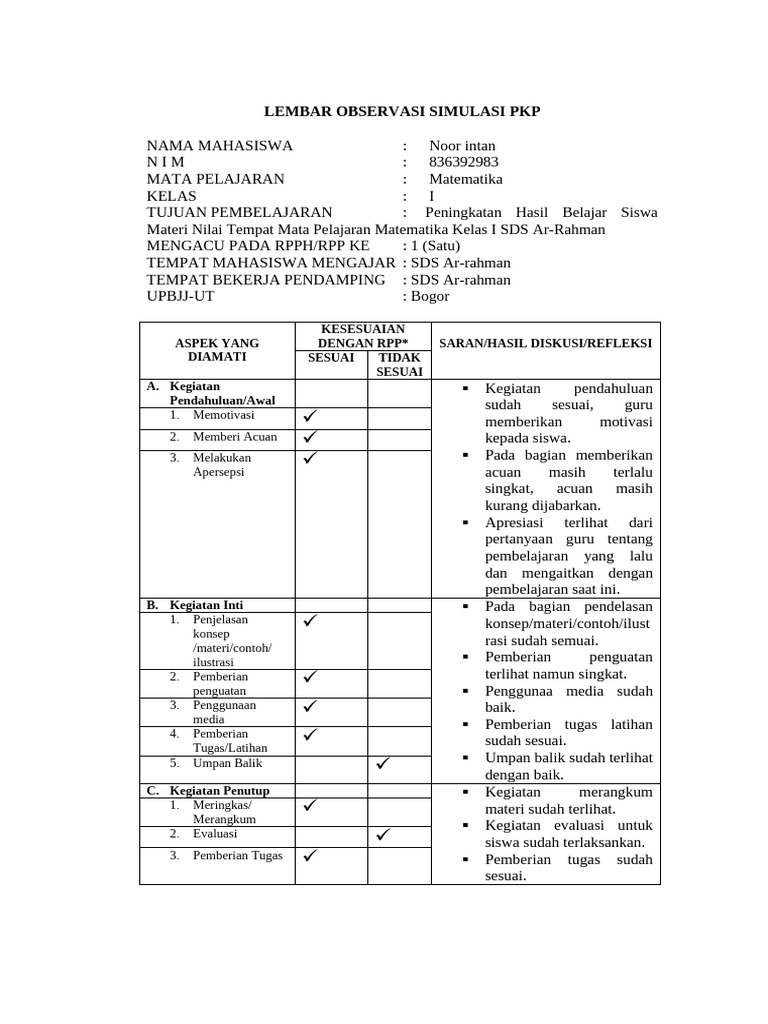 Observasi Simulasi 1 - Intan | PDF