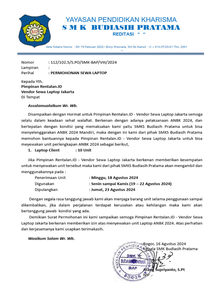 Permohonan Sewa Laptop ANBK 2024 | PDF