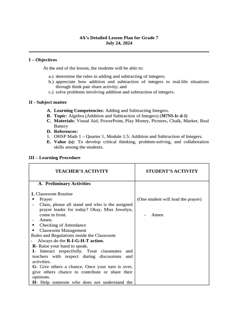 (Revised) 4a's Detailed Lesson Plan Demo Teaching Laseras Vhea | PDF | Integer | Mathematics