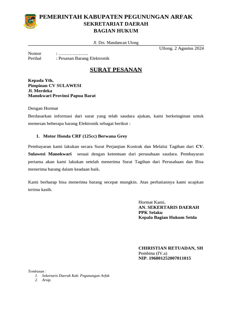 Pesanan Barang Elektronik Pemkab Arfak | PDF