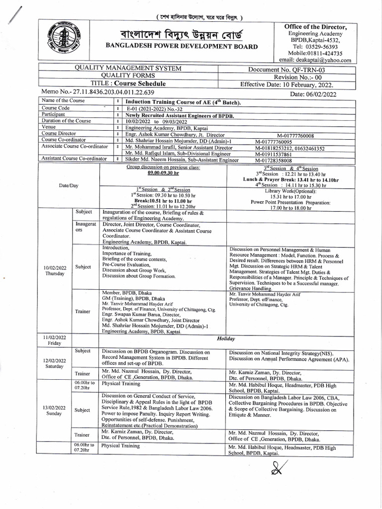 Course Schedule - Induction Training 4th Batch-21-22 | PDF