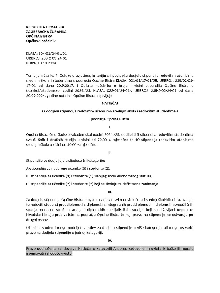 Natjecaj Za Dodjelu Stipendija 2024. 25 | PDF